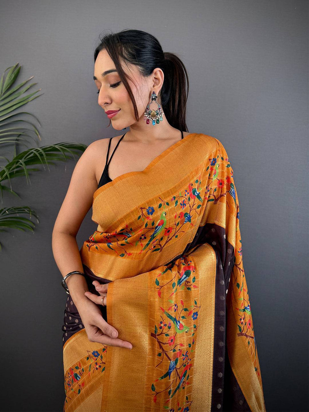Brown Gadwal Silk Double Chex Saree Online Vastranand