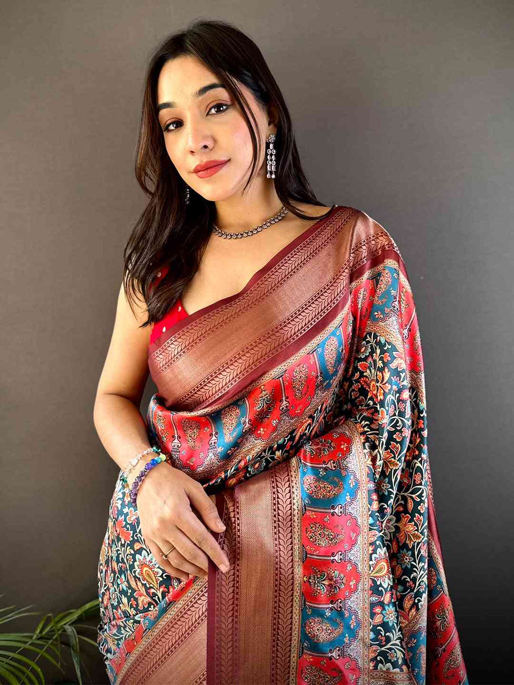 Shop Brown Mughal Kalamkari Print Pashmina Saree in India