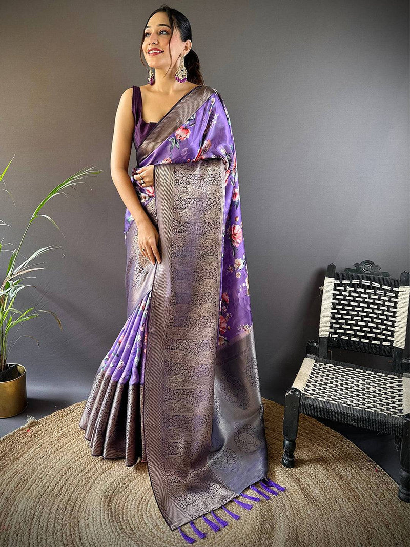 Buy Now Purple Satin Silk Floral Print Saree Online Vastranand