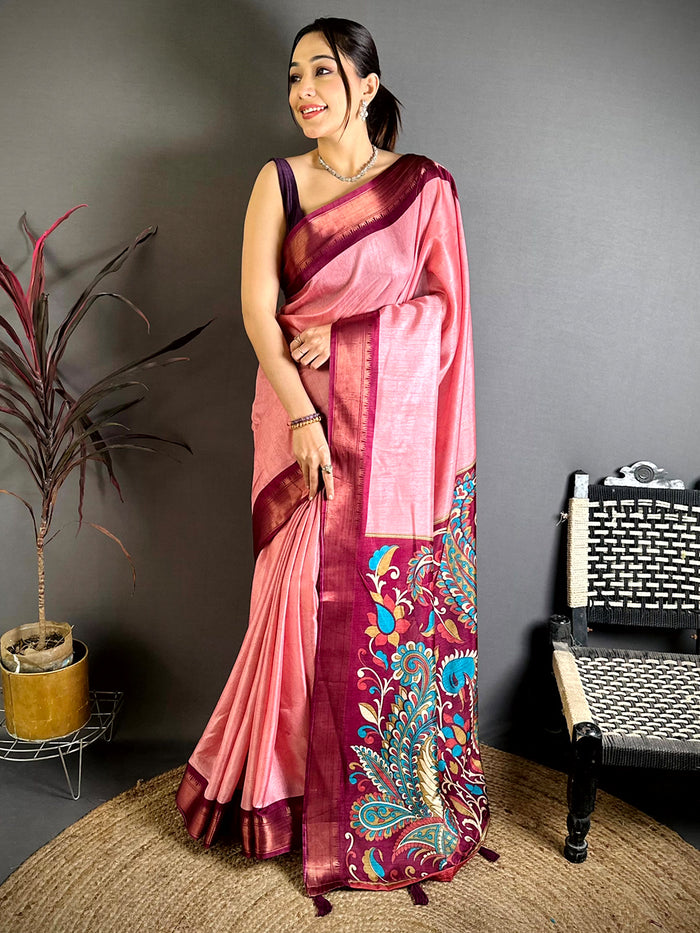 Pink Kalamkari Pallu Dola Saree