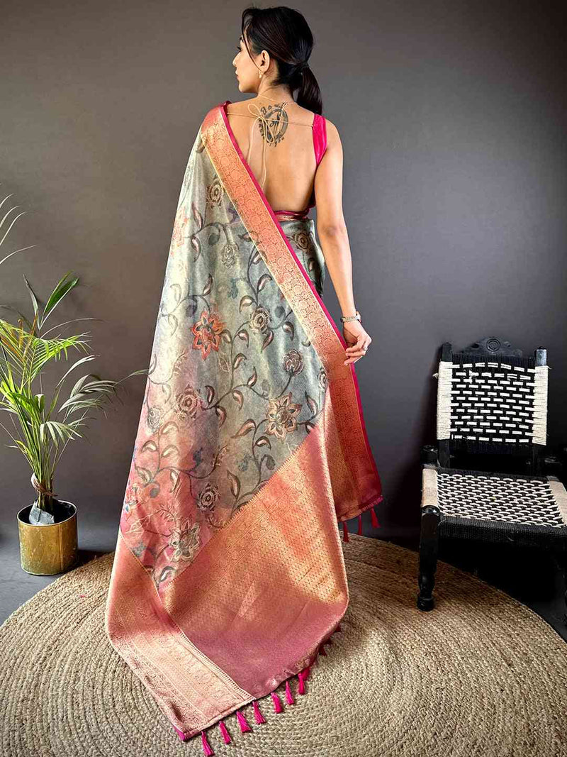 Shop Omber Kalamkari Gold Zari Tissue Saree Online