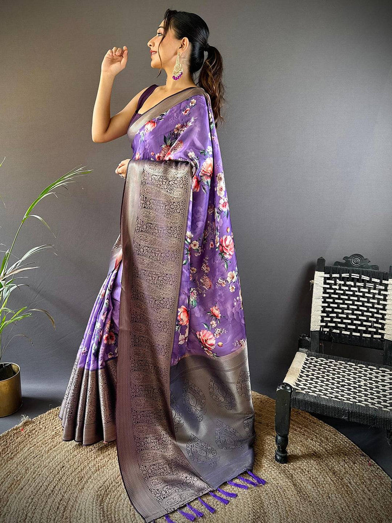 Buy Now Purple Satin Silk Floral Print Saree Online Vastranand