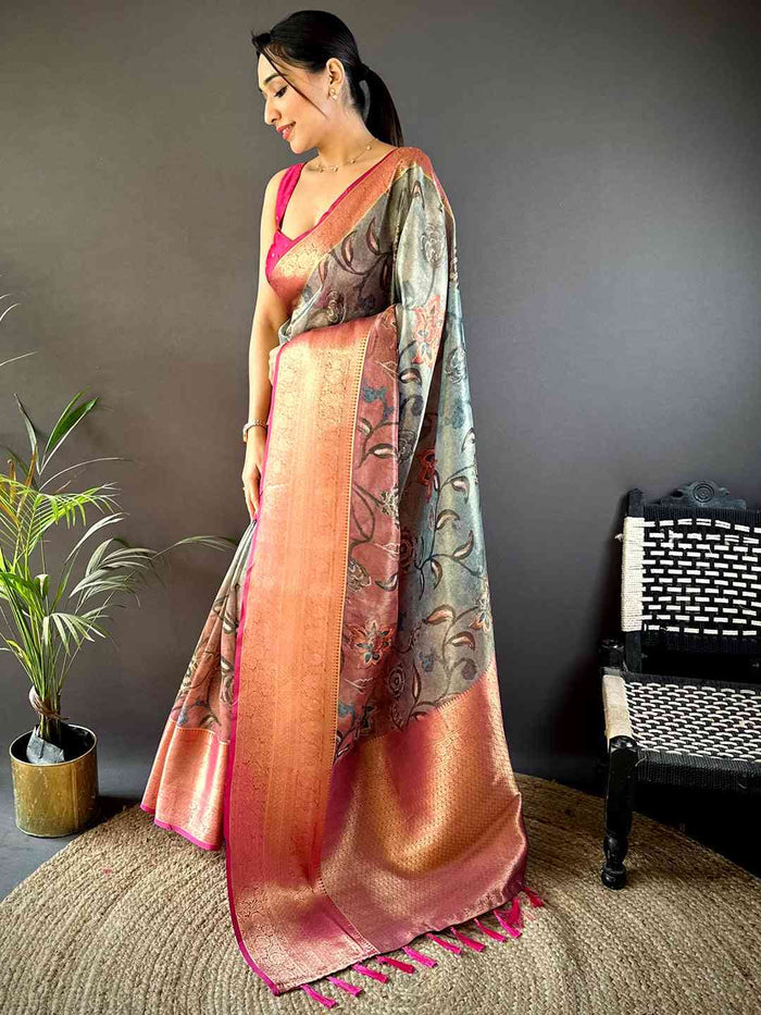 Shop Omber Kalamkari Gold Zari Tissue Saree Online