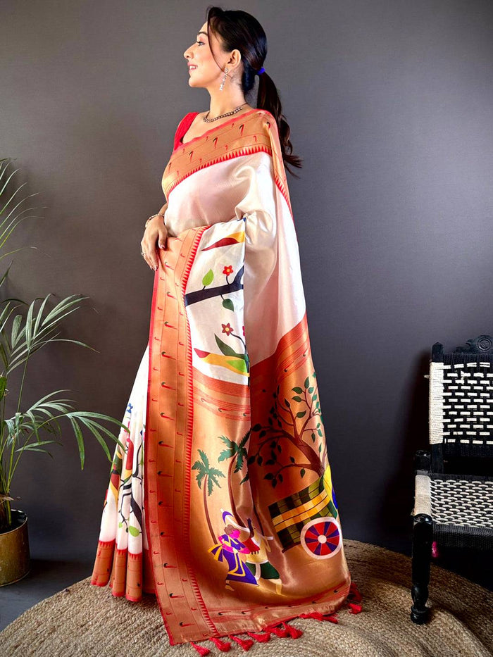 Daisy White Minakari Soft Silk Saree Online Vastranand