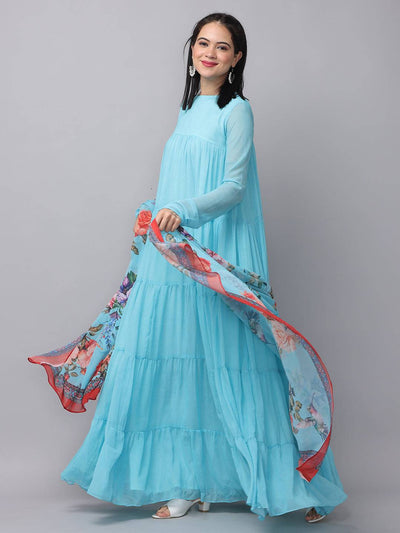 Powder Blue Long Dress With Dupatta